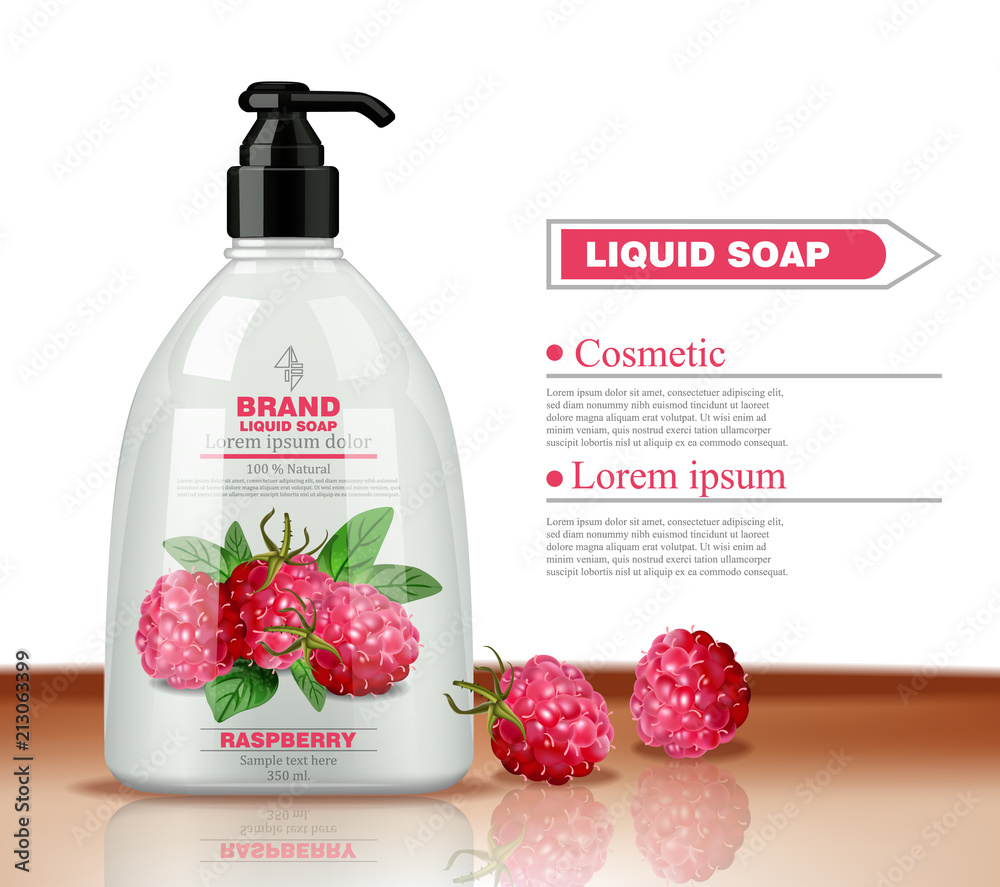 Raspberry cosmetics bottle Vector realistic. Liquid soap container mock ...