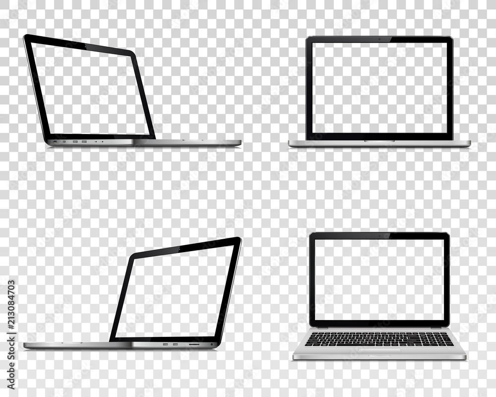 Set of laptop with transparent screen. Perspective, top and front view ...