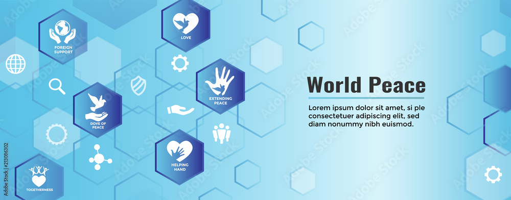 World Peace Web Header Banner with Dove Globe Hand and heart icon set ...