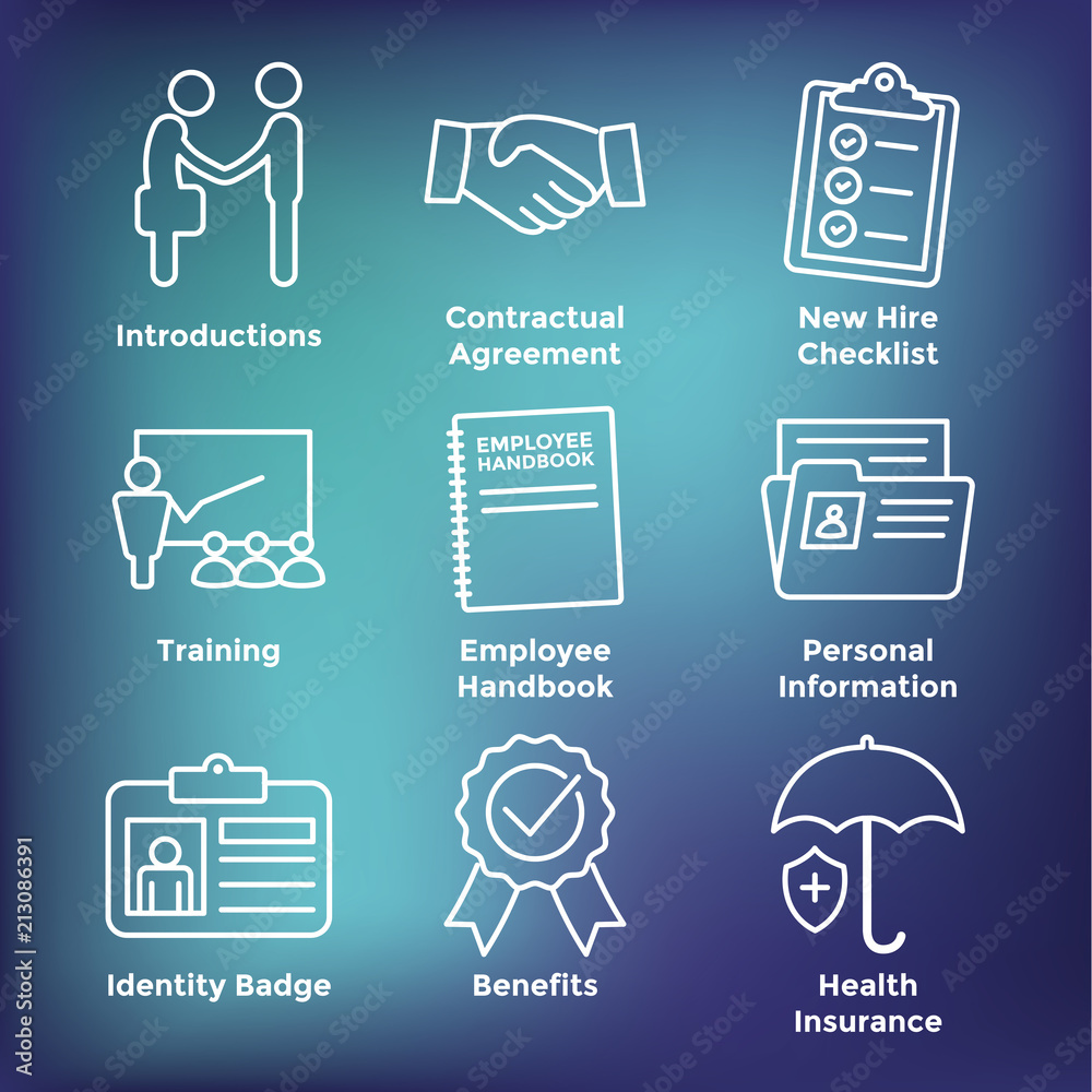 New Employee Hiring Process icon set w checklist, handshake, training ...