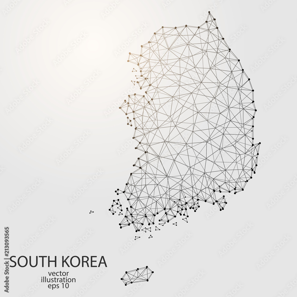 A map of South Korea consisting of 3D triangles, lines, points, and ...