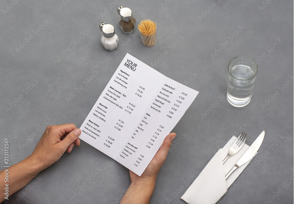 Hands Holding Menu at Diner Table Mockup Stock Template | Adobe Stock