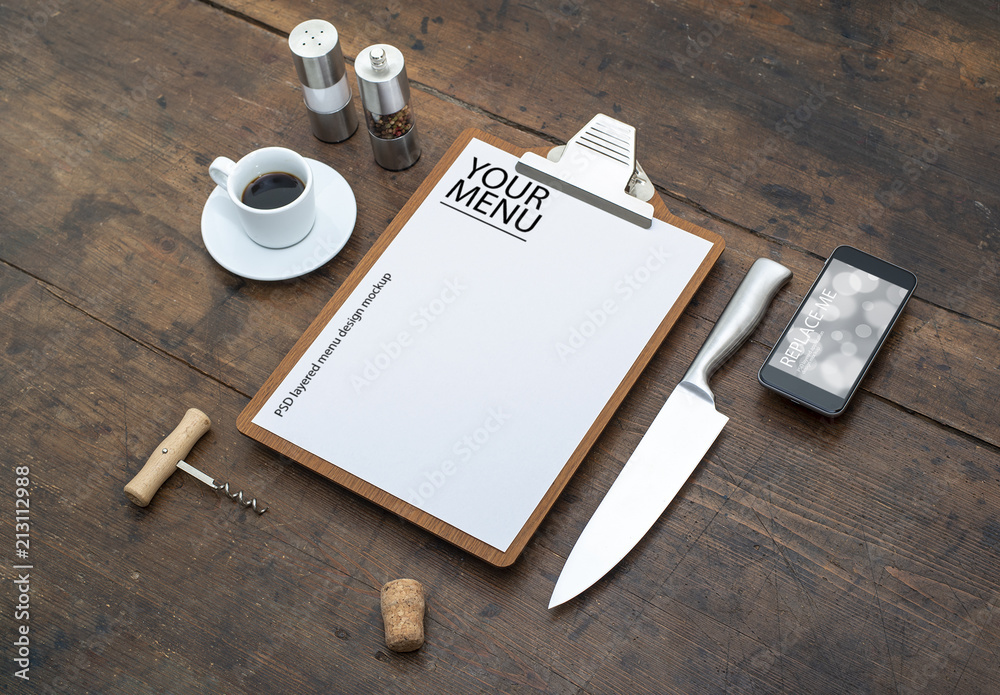 Restaurant Menu and Smartphone on Wooden Table Mockup Stock Template ...