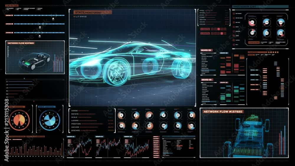 Automobile Technology in futuristic dashboard display. running car with ...