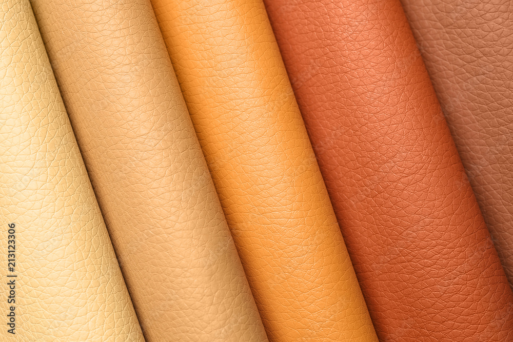 Leather samples of different colors for interior design as background ...