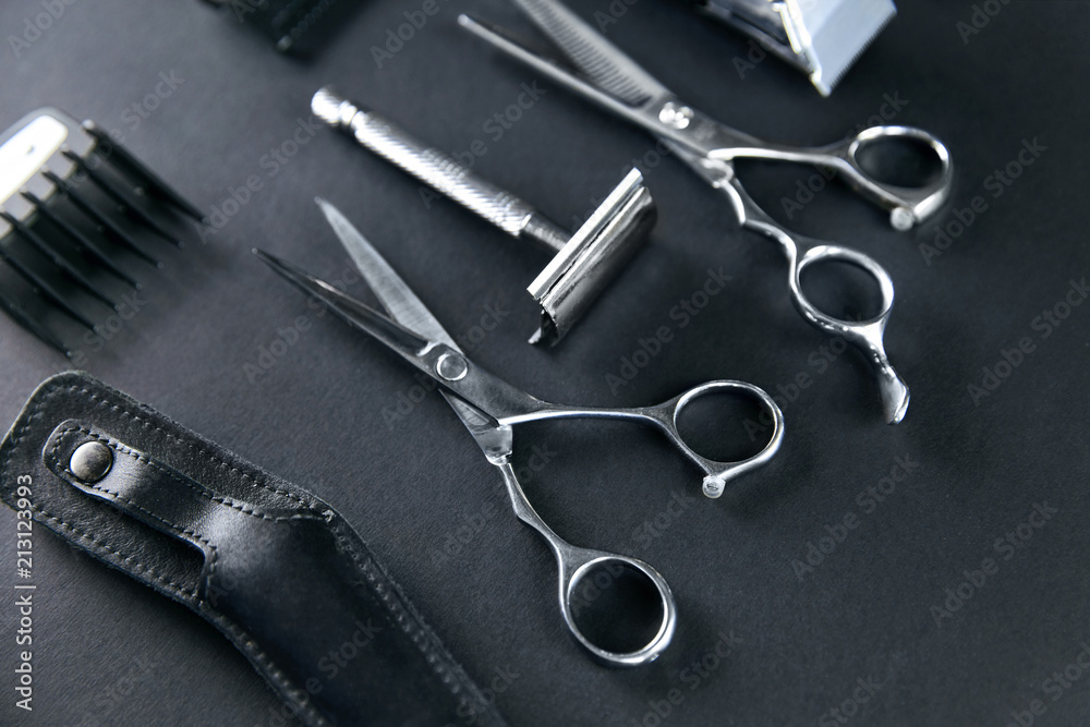 Hair Salon Tools. Barber Scissors And Shaving Equipment Stock Photo ...
