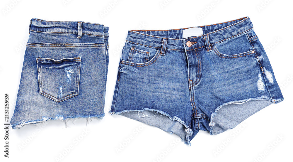 Stylish jean shorts on white background, top view Stock Photo | Adobe Stock