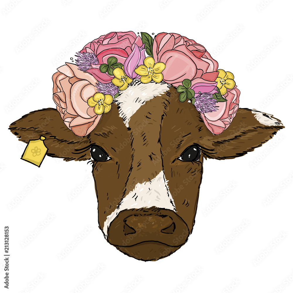 Hand draw digital illustration of Cow with flowers on the head. Cow ...