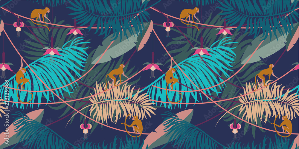 Seamless tropical pattern. Pattern with tropical plants and animals in ...