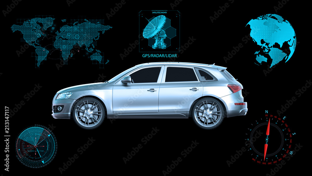 Autonomous vehicle, driverless SUV car on black background with ...