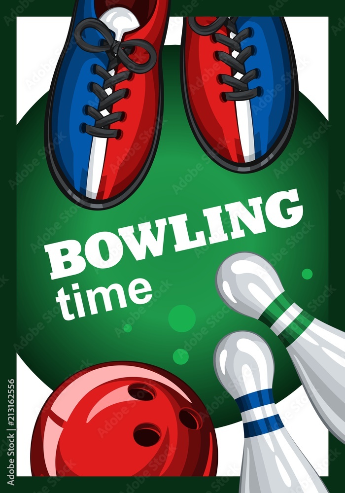 Colorful poster for time bowling. Vector template poster with bowling ...