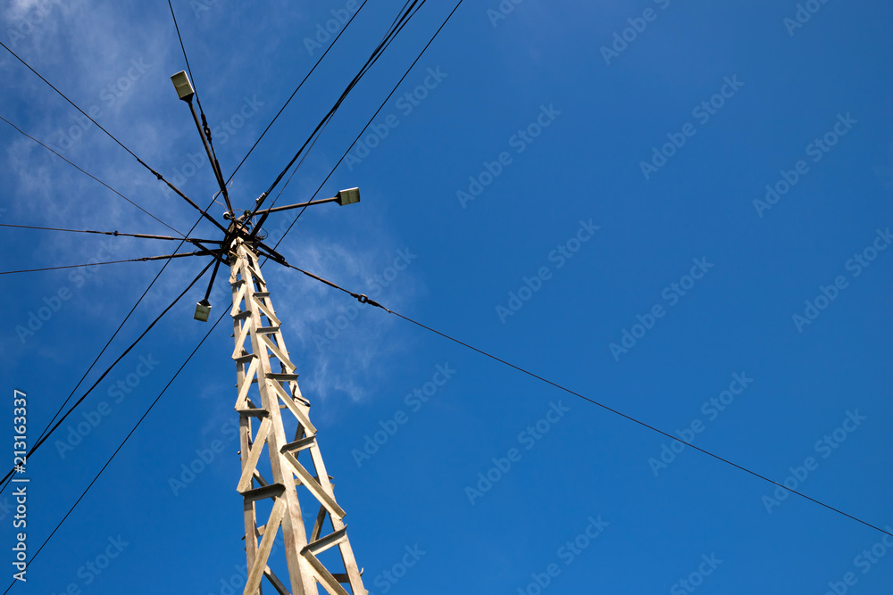 High voltage electricity truss metal pole with complex wiring, led ...