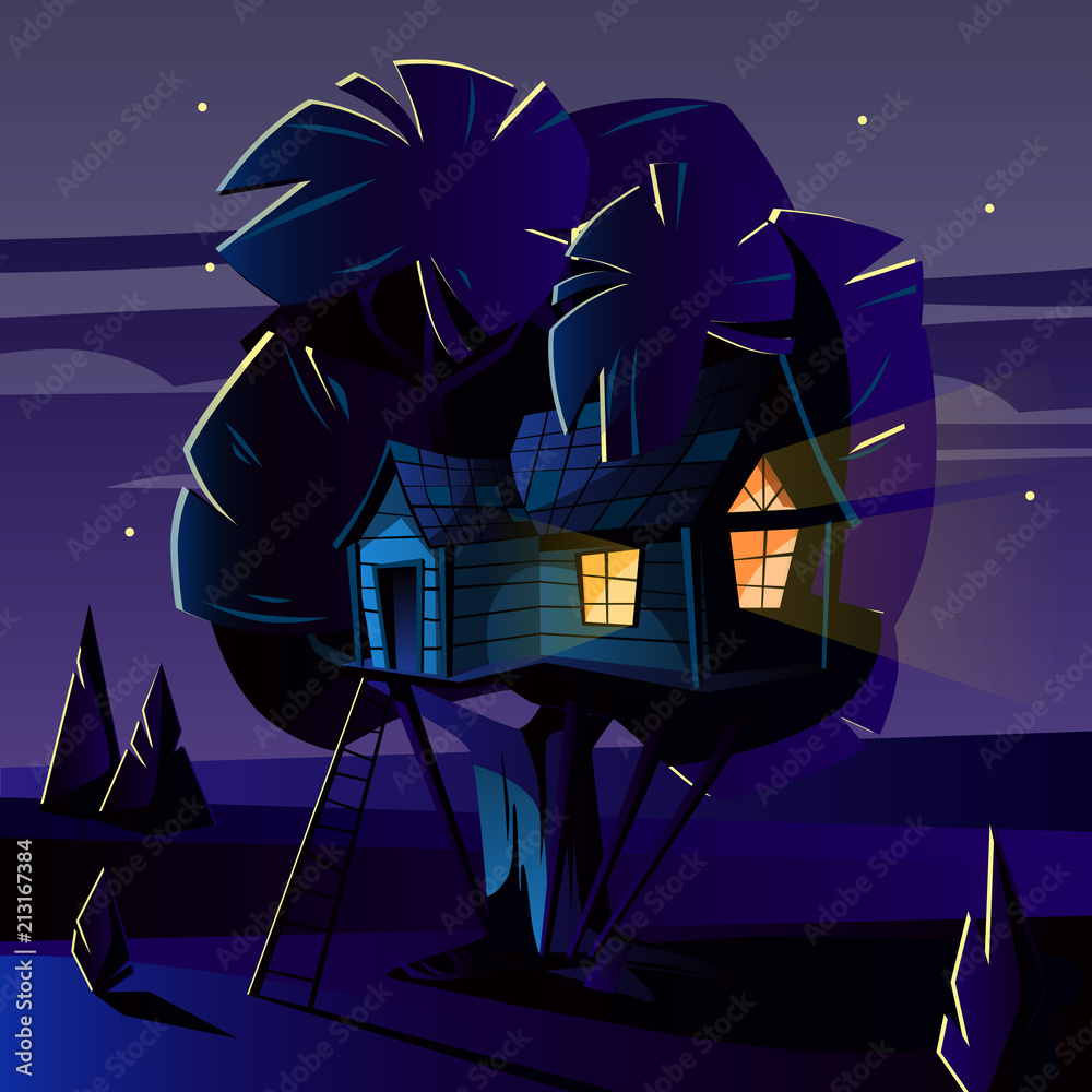 Vector cartoon illustration of tree house at dark night, evening. Cozy ...