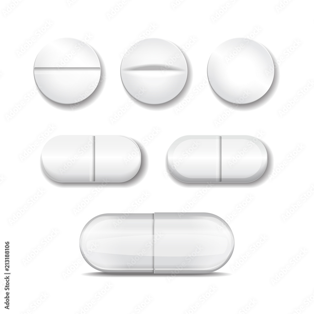 Realistic pills in any shapes and forms. Vector set of oval, round and ...