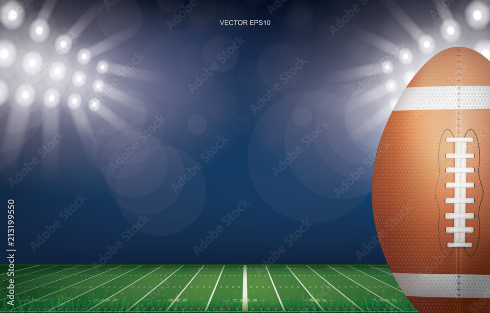 Football ball on football field stadium background. With perspective ...