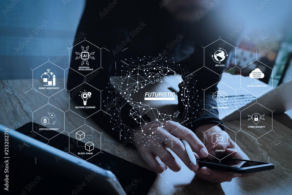 designer using smart phone and keyboard dock digital tablet with laptop ...