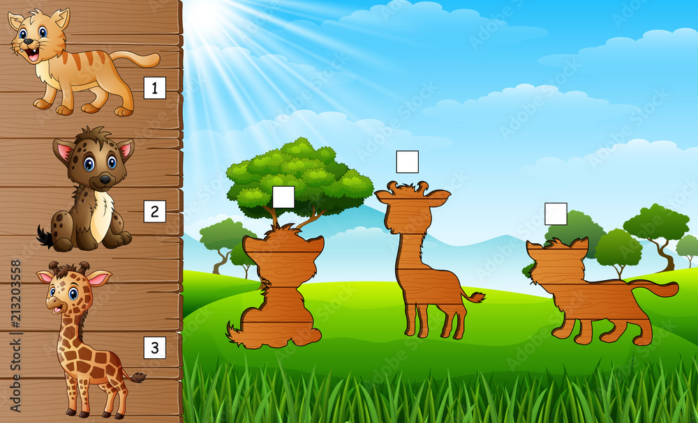 Cartoon wild animals collection. Find the correct shadow on board ...