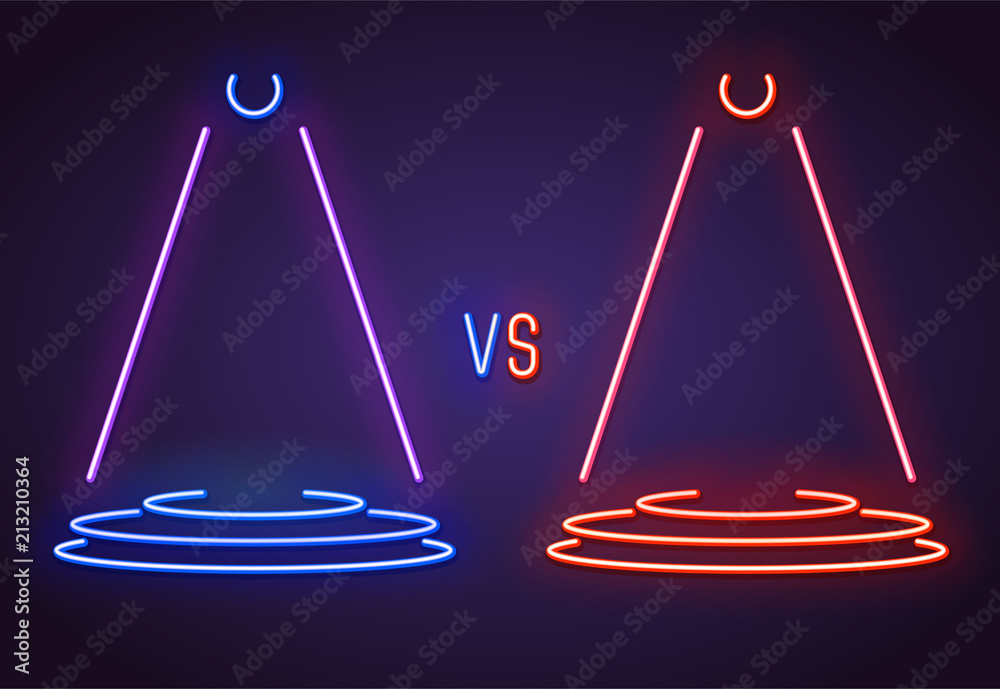 Versus glowing neon sign of pedestal with VS letters. Battle or ...