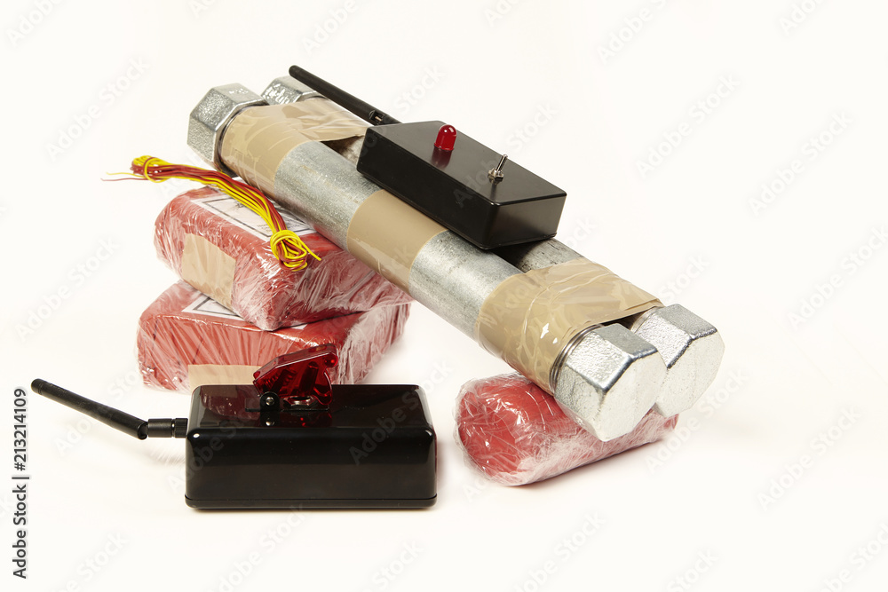 Seized contraband of plastic explosives and bomb components with radio ...