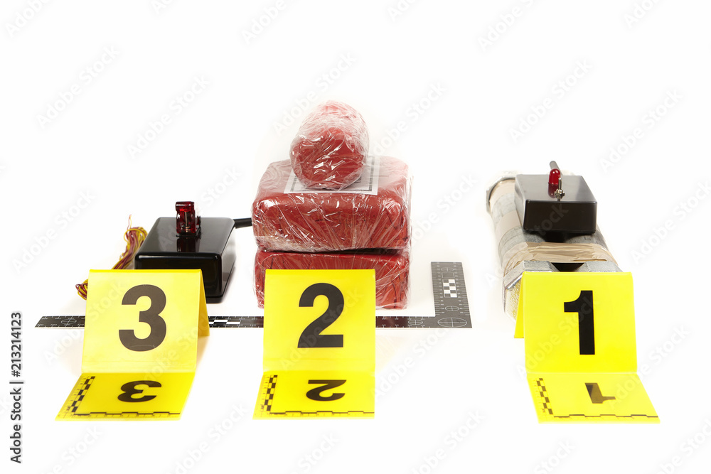 Documentation of seized plastic explosives and bomb components with ...