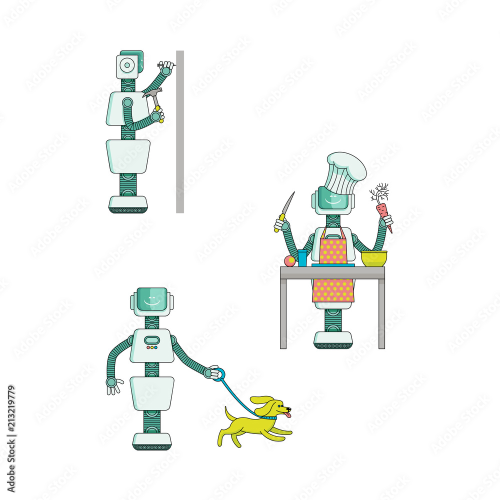 Robot home assistants doing housework set - android housekeeper hammers ...