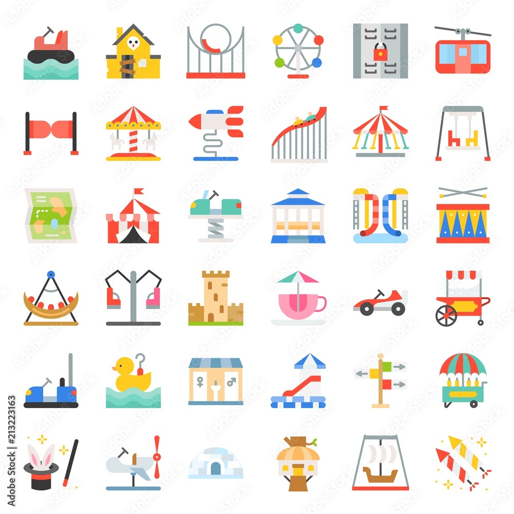 Amusement park icon and coin operated ride, flat design icons set Stock ...