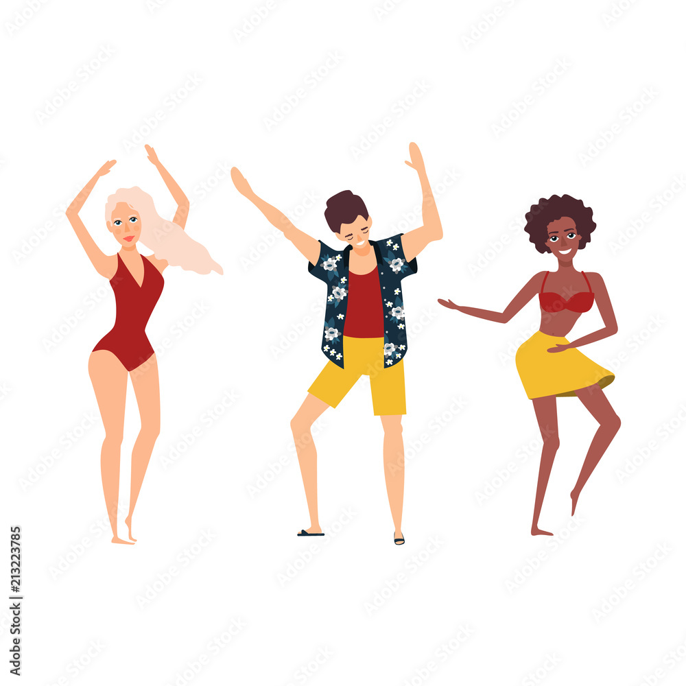 vector cartoon young people dancing at beach party set. cute beautiful ...