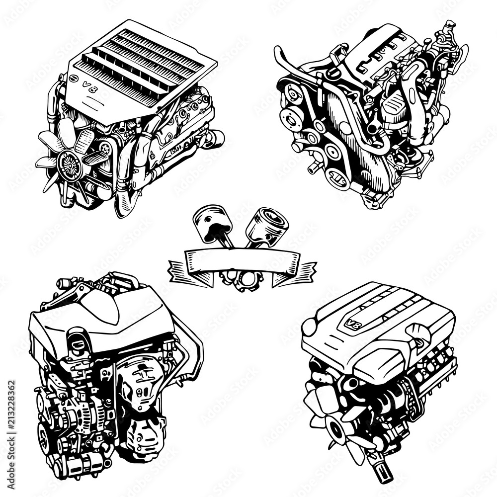 Painted engine on a white background. A set of engines from different ...