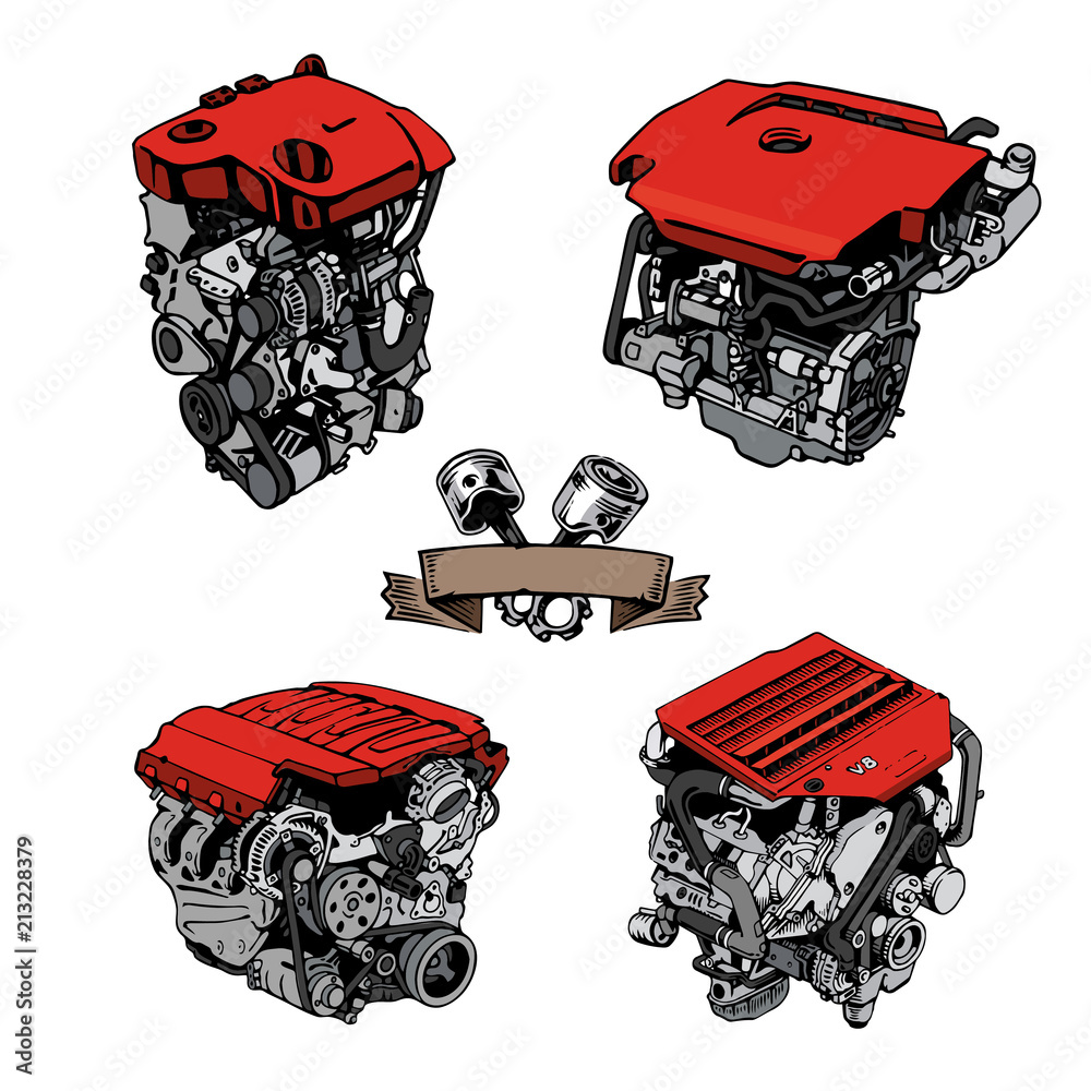 Painted engine on a white background. A set of engines from different ...