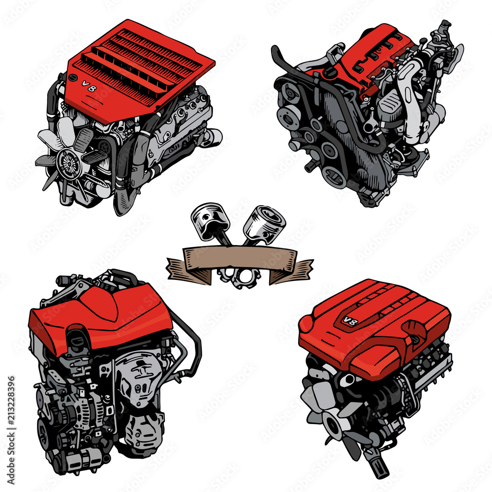 Painted engine on a white background. A set of engines from different ...