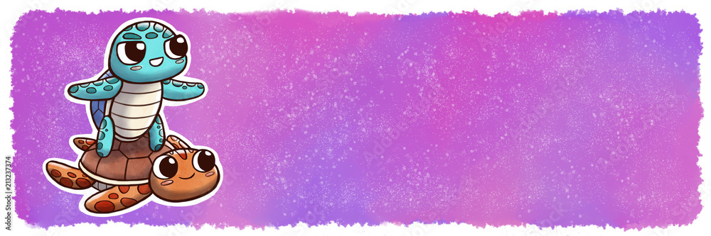 Turtle surfing another turtle - banner size with space watercolor ...