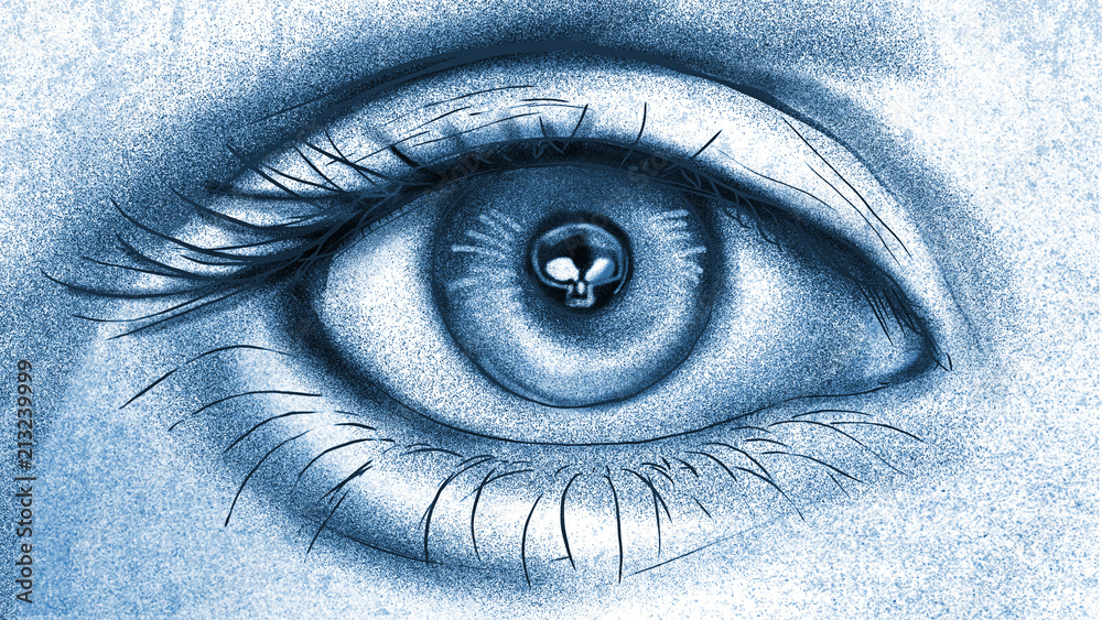 Realistic human eye hand drawing illustration of a girl with skull in ...
