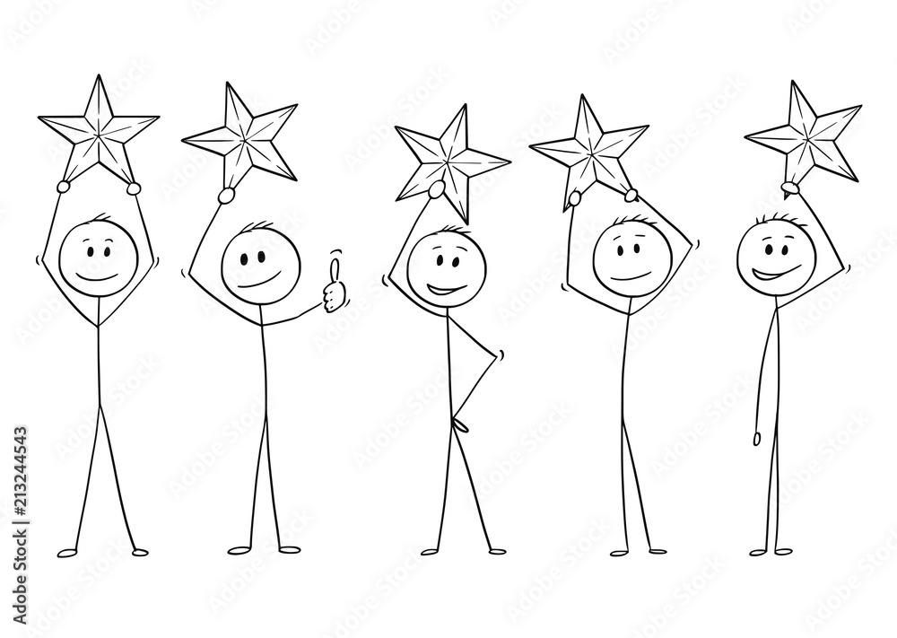 Cartoon stick drawing conceptual illustration of five men or ...