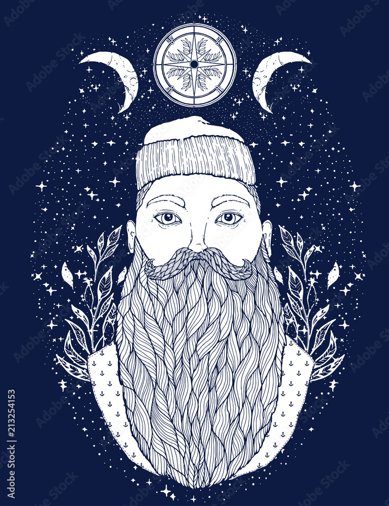 Hand Drawn vintage hipster sailor beard portrait. Old tatoo seaman. Man ...