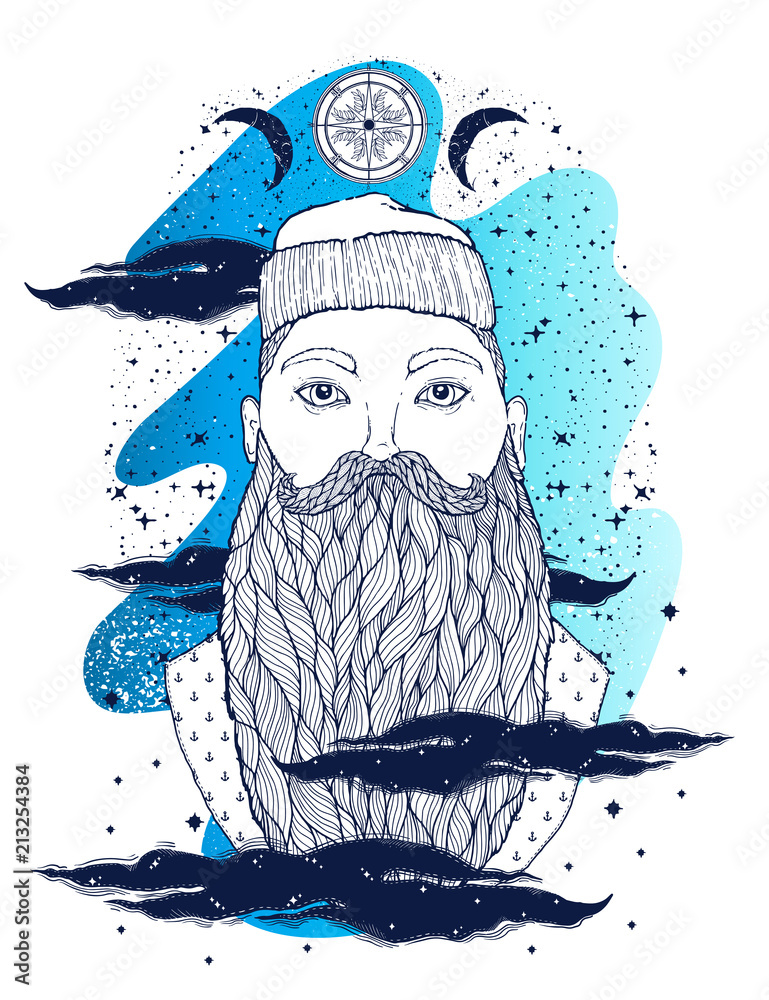 Hand Drawn vintage hipster sailor beard portrait. Old tatoo seaman. Man ...