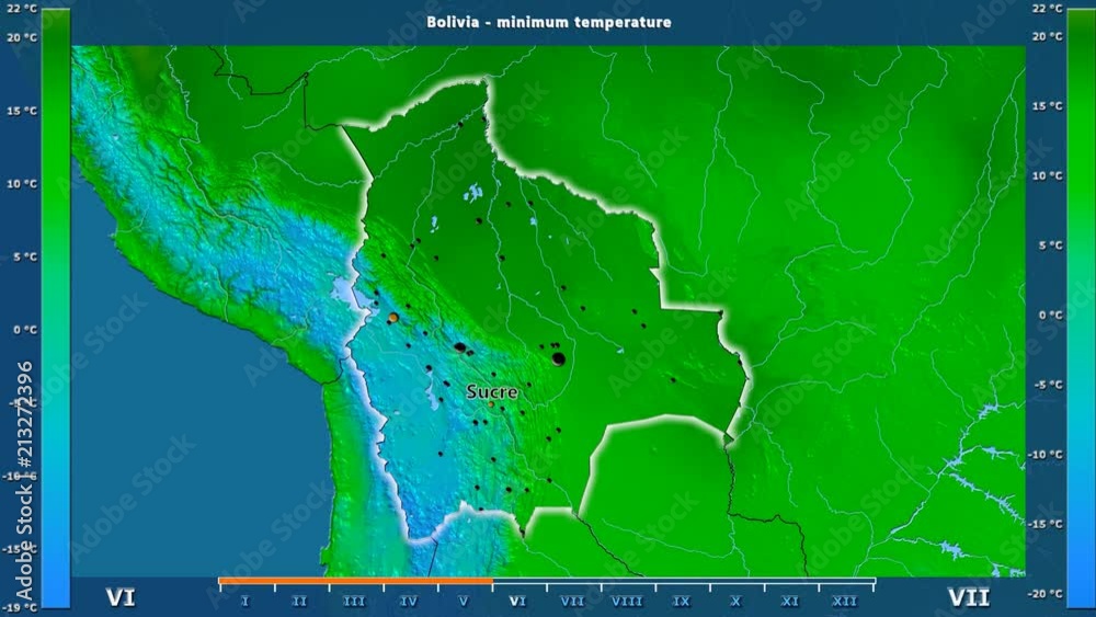 Minimum temperature by month in the Bolivia area with animated legend ...