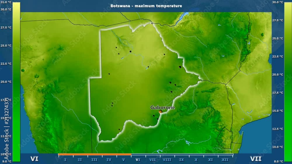 Maximum temperature by month in the Botswana area with animated legend ...