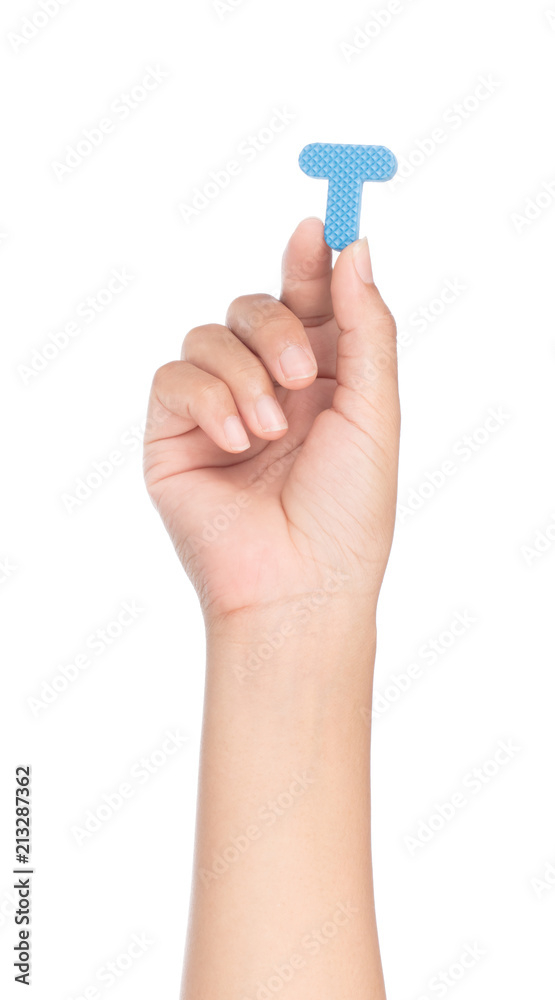 hand holding alphabet made from EVA foam isolated on white background ...