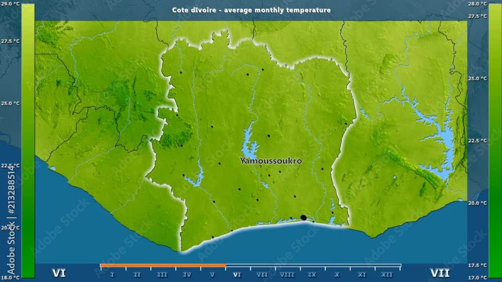 Average temperature by month in the Cote Divoire area with animated legend - English labels ...