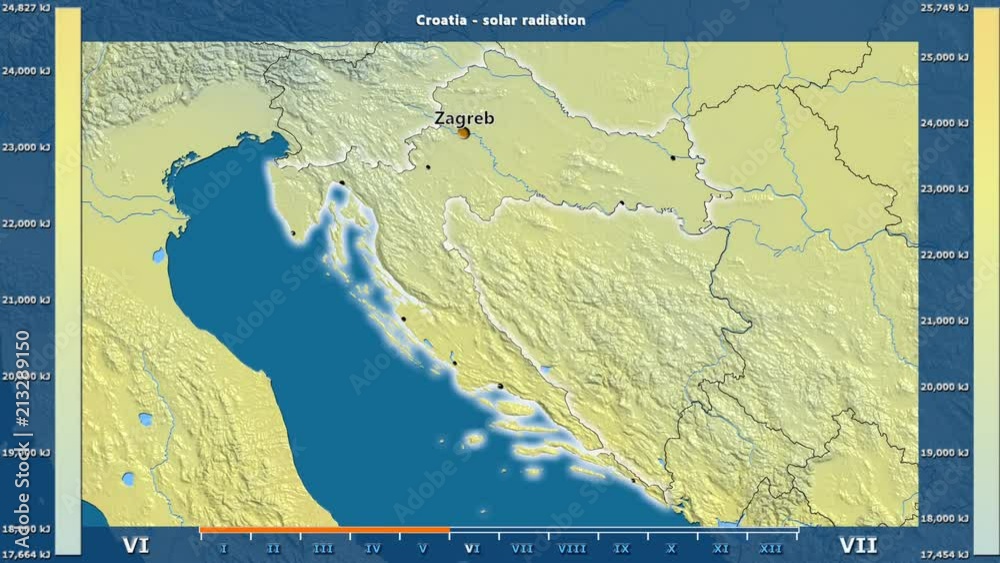 Solar radiation by month in the Croatia area with animated legend ...