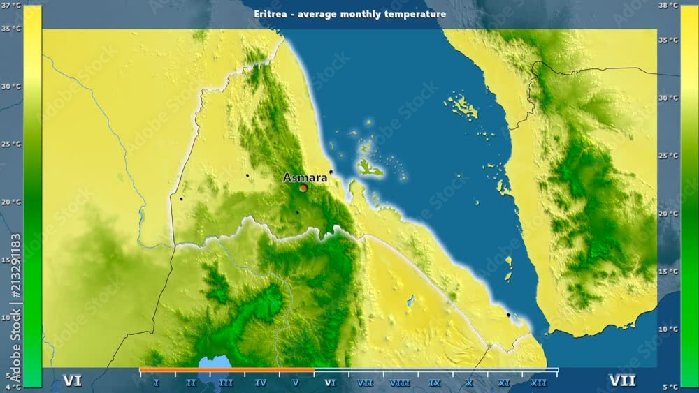 Average temperature by month in the Eritrea area with animated legend - English labels: country ...