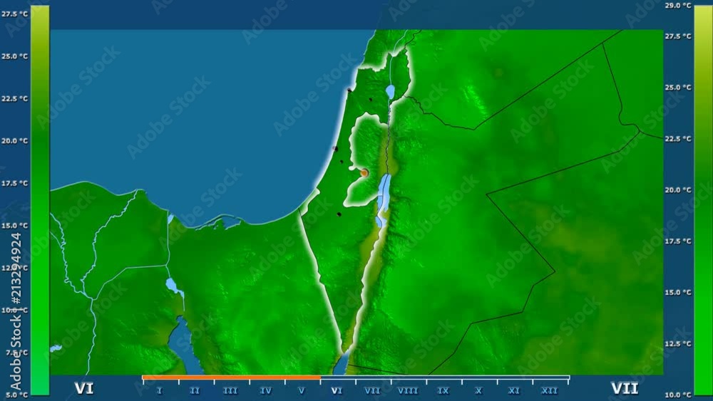 Minimum temperature by month in the Israel area with animated legend ...