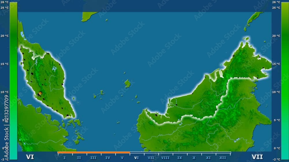Minimum temperature by month in the Malaysia area with animated legend ...