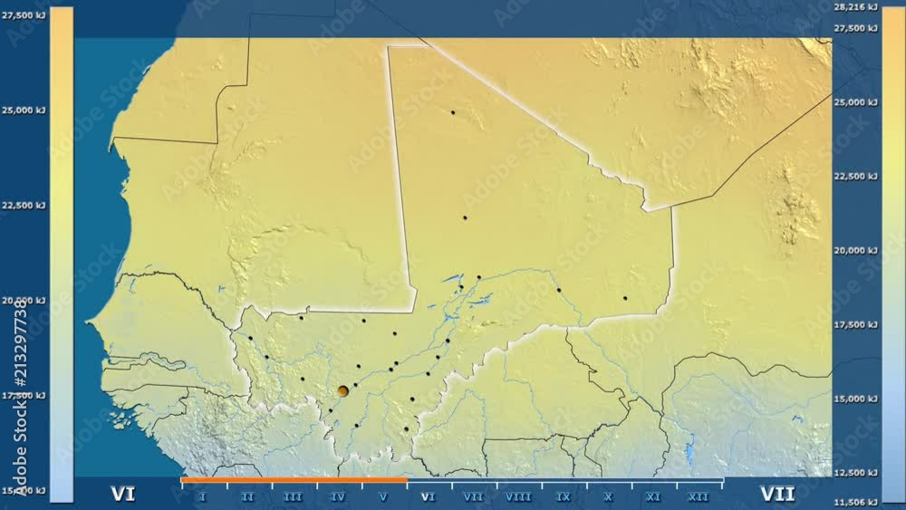 Solar radiation by month in the Mali area with animated legend ...