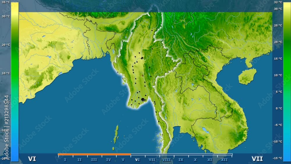 Average temperature by month in the Myanmar area with animated legend ...
