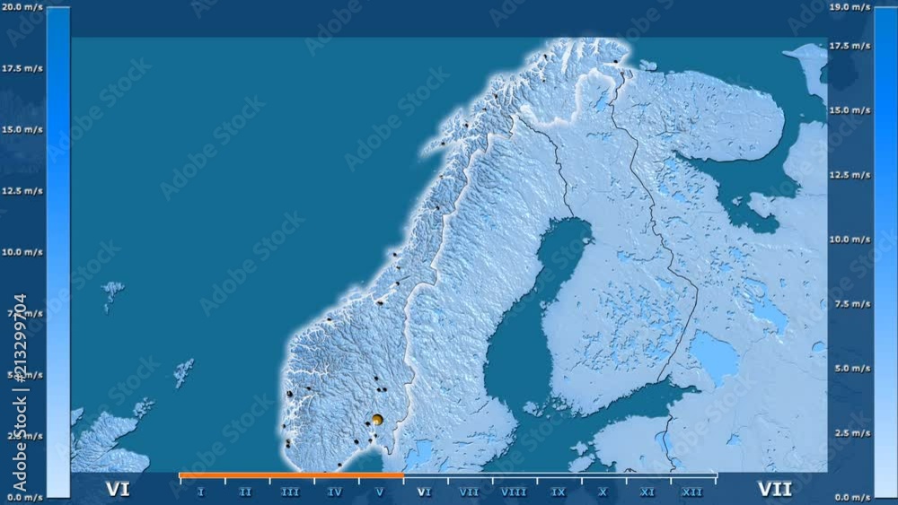 Wind speed by month in the Norway area with animated legend - glowing ...