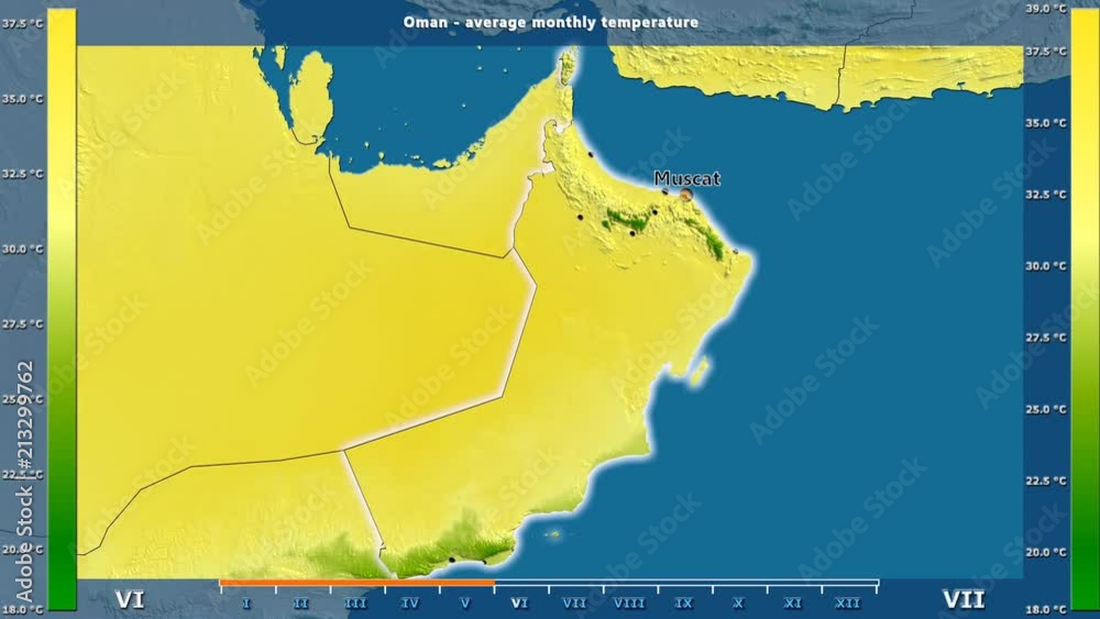 Average temperature by month in the Oman area with animated legend - English labels: country and ...