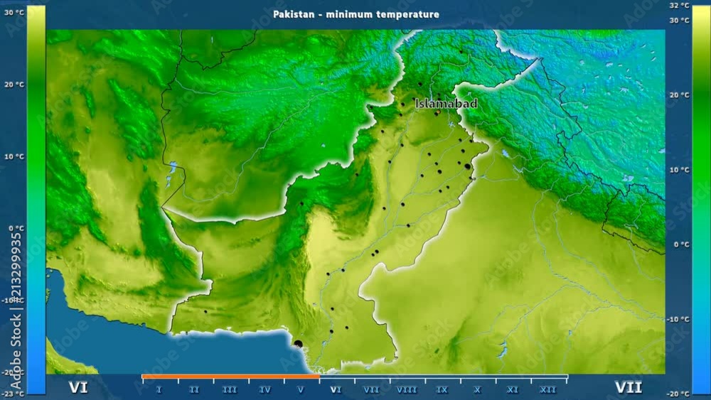 Minimum temperature by month in the Pakistan area with animated legend ...