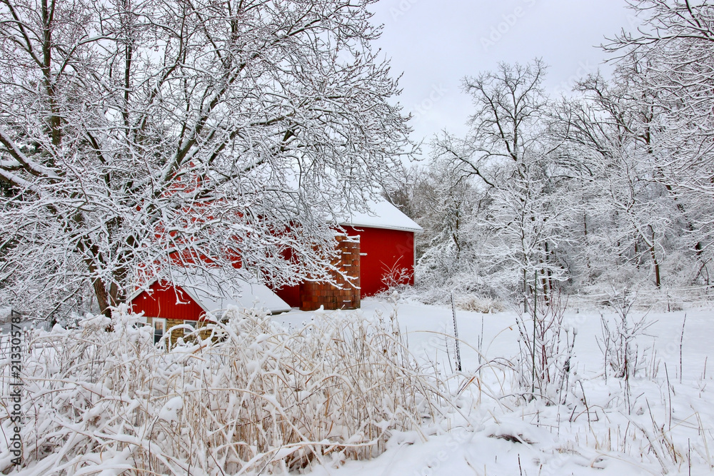 Beautiful snowy winter landscape. Scenic view with red barn in the ...
