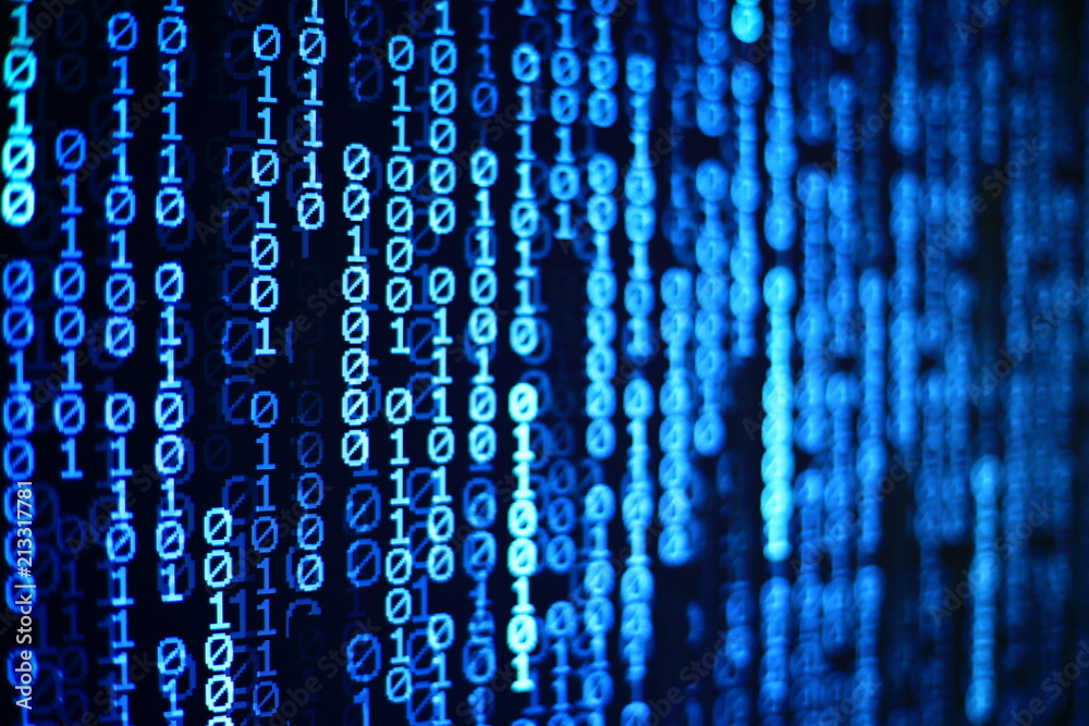 blue led display screen showing one and zero number binary code data ...